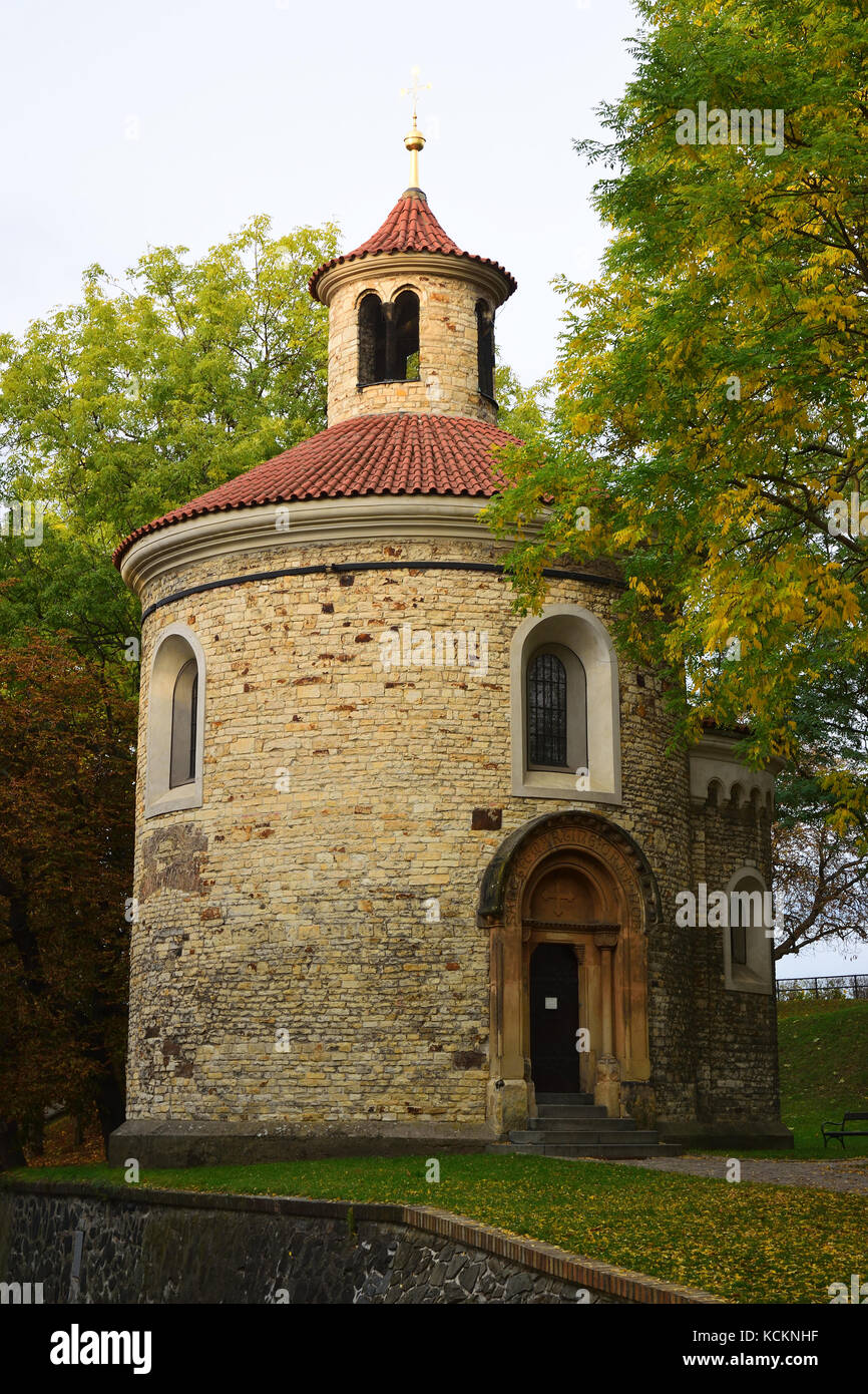 Rotunda of St. Martin at Vysehrad in Prague. Autumn view with colorful ...