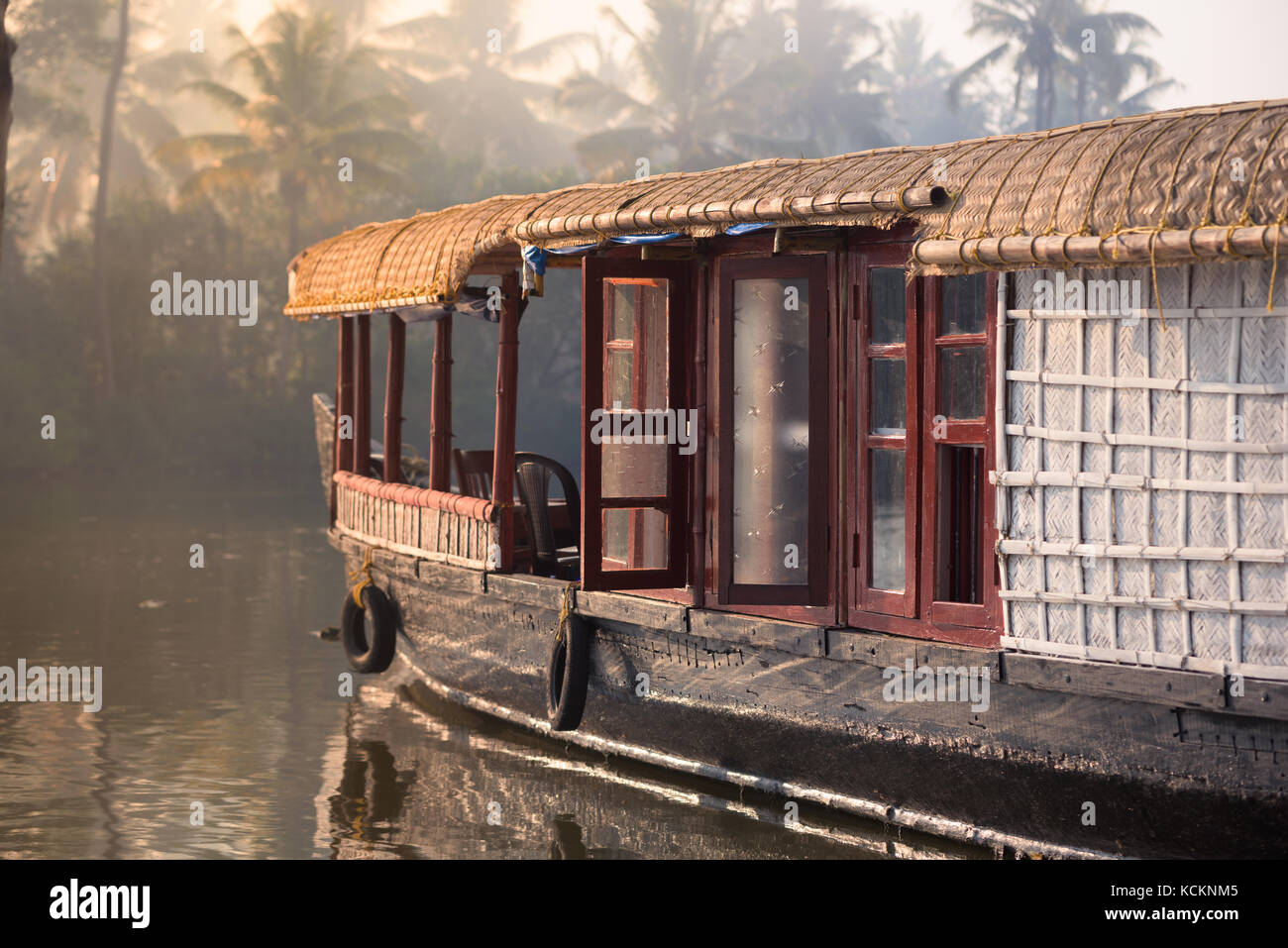 KOCHI, INDIA - 5 FEB 2017: A traditional house boat is anchored on the ...