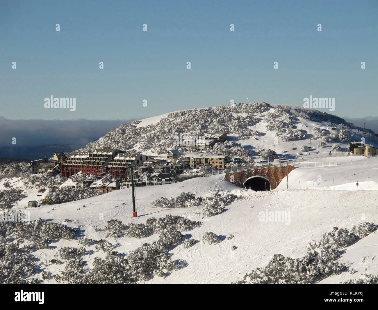 Mount Hotham, summit 1861 m, and Mount Hotham Village, a resort village ...