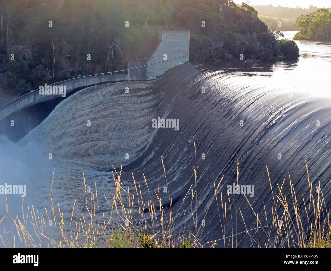 Trevallyn Dam spilling over during flood. Launceston, Tasmania ...