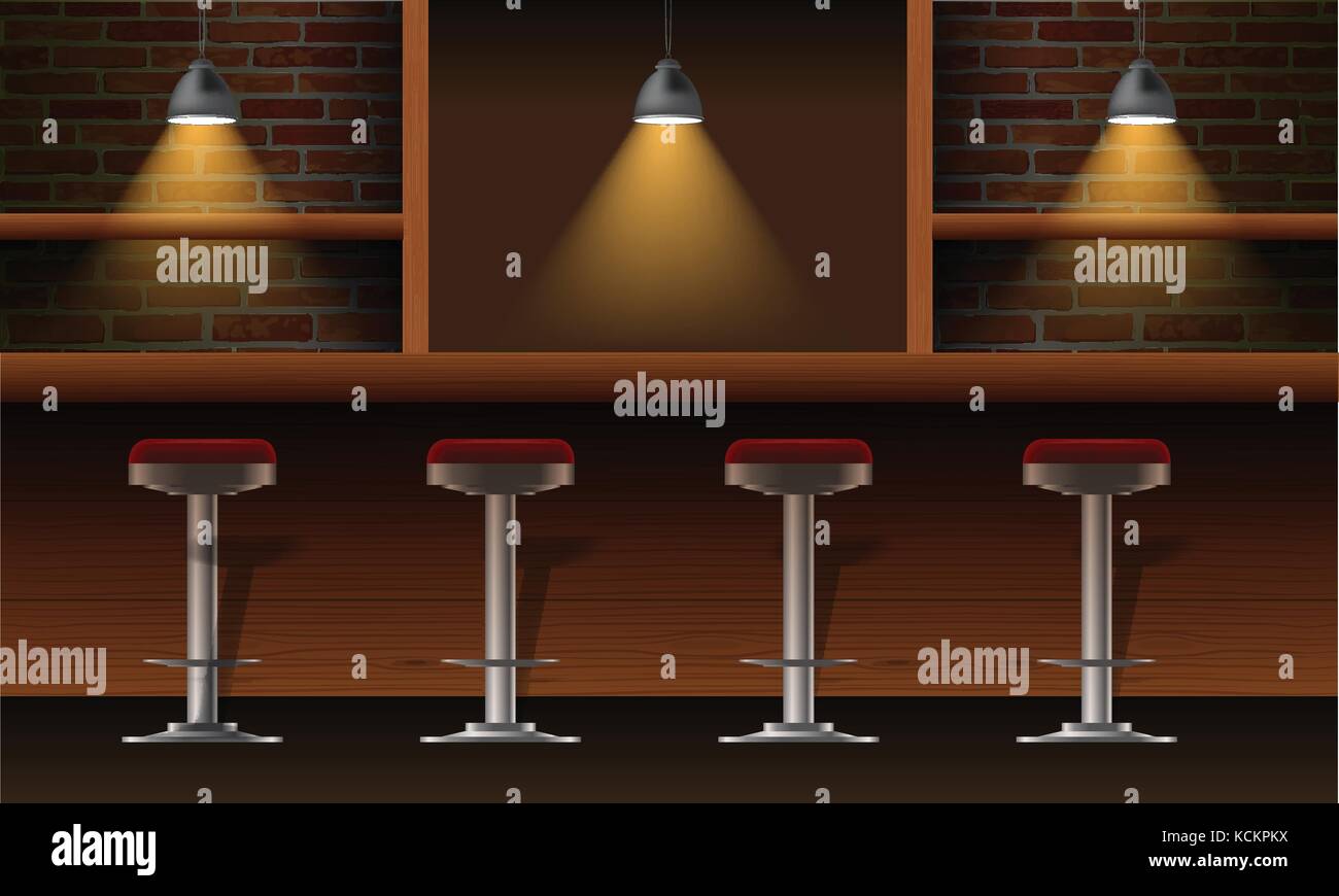 Vector realistic bar, pub interior with brick walls, wooden counter ...