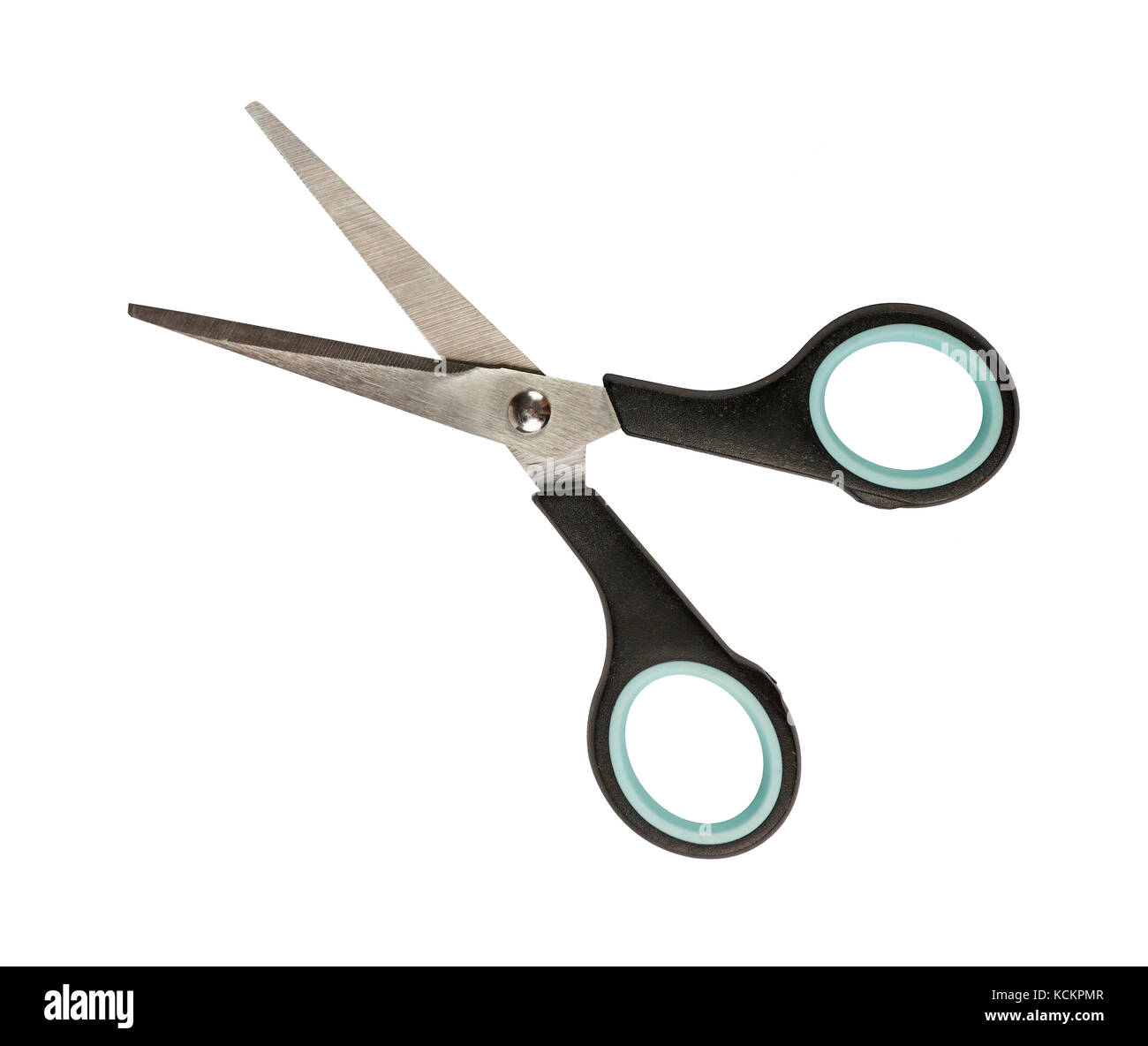 Close up of small modern office stationery metal open scissors with ...