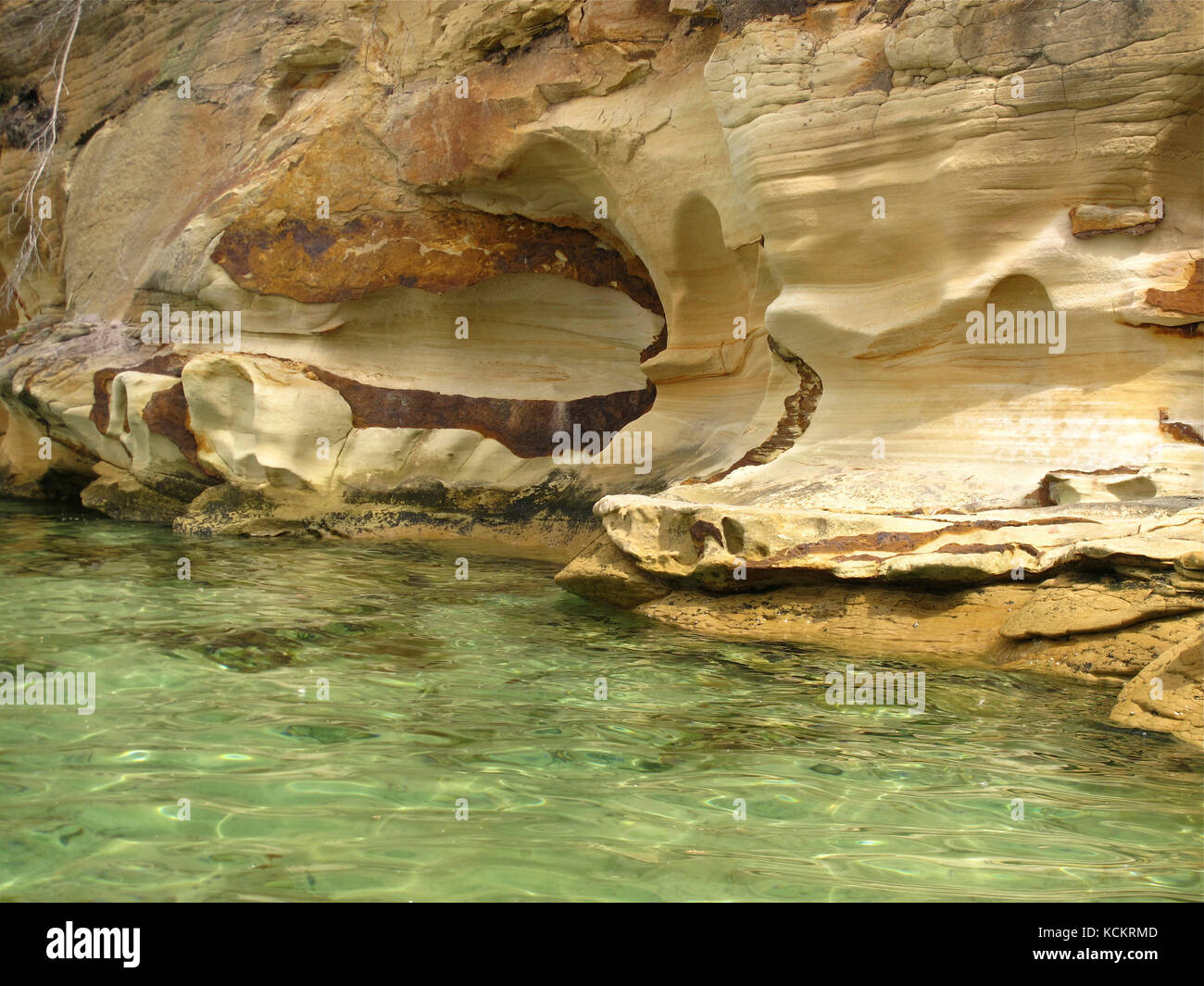 Sea cliffs of Triassic sandstone about 200 million years old. Green ...
