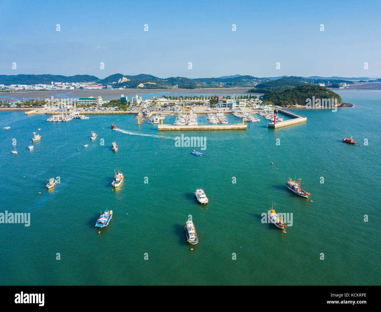 High angle view of the sea with many boat in Daebudo Island,South Korea ...