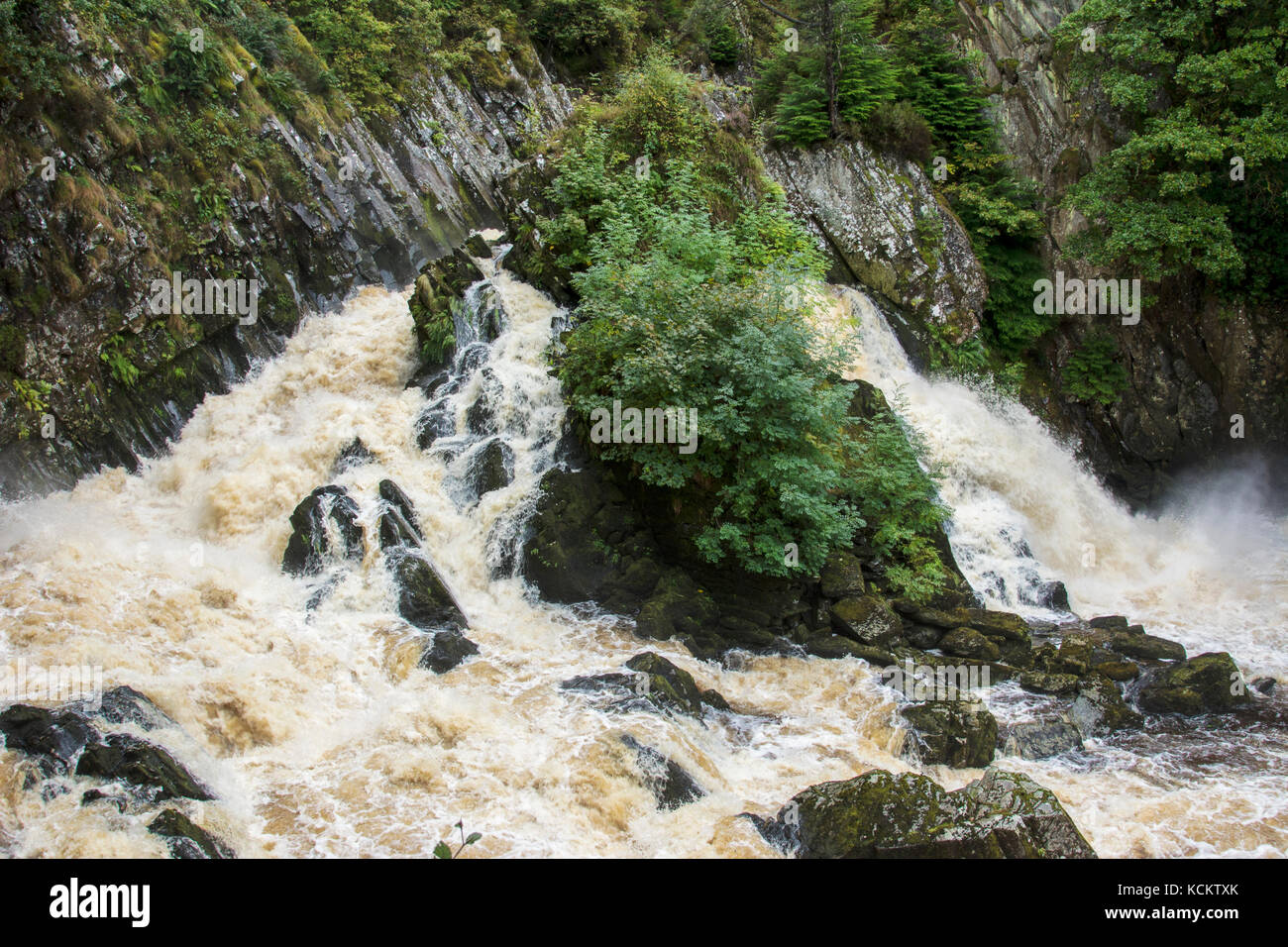 Afon Conwy in spate flowing over Conwy Falls near Betws y Coed. Conway ...