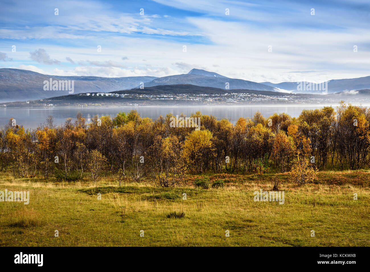 beautiful landscape misty fog over the lake, Tromso, Norway, selective ...