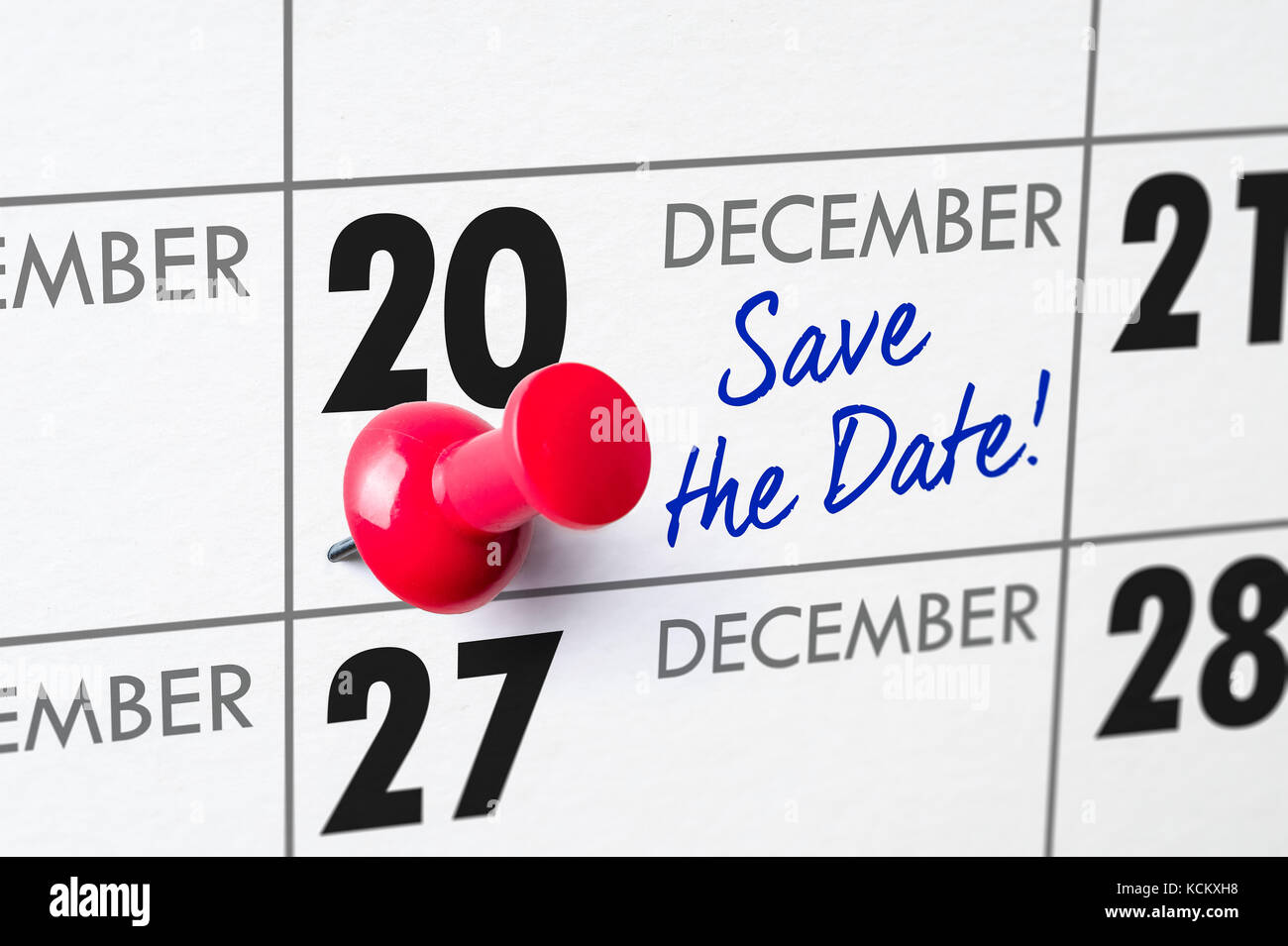 Wall calendar with a red pin - December 20 Stock Photo - Alamy