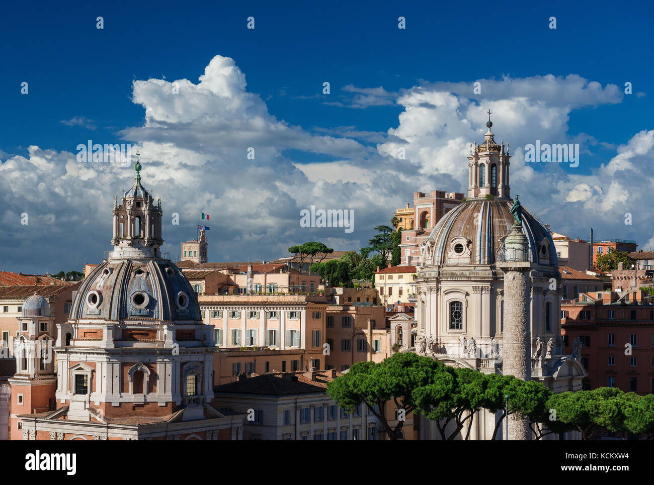 Rome historical center skyline with ancient domes, Trajan Column and ...