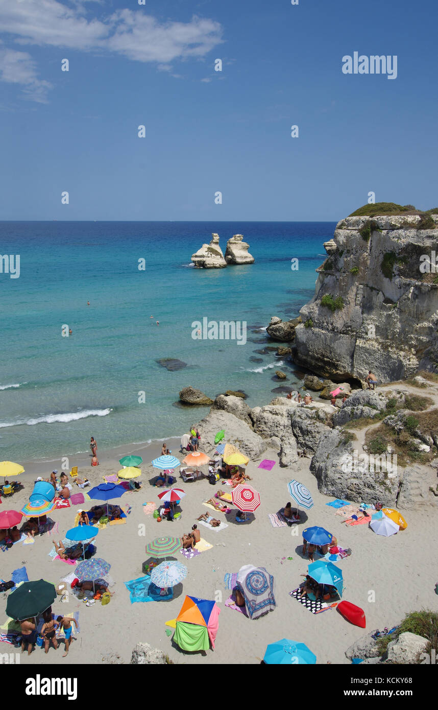 LECCE, ITALY - JULY 26, 2017: the crowded beautiful beach of Torre dell ...