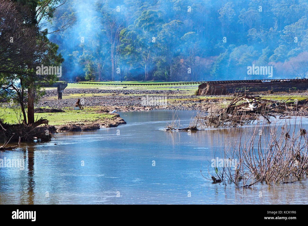 Collapsed railway bridge over the Mersey River at Kimberley after flood ...
