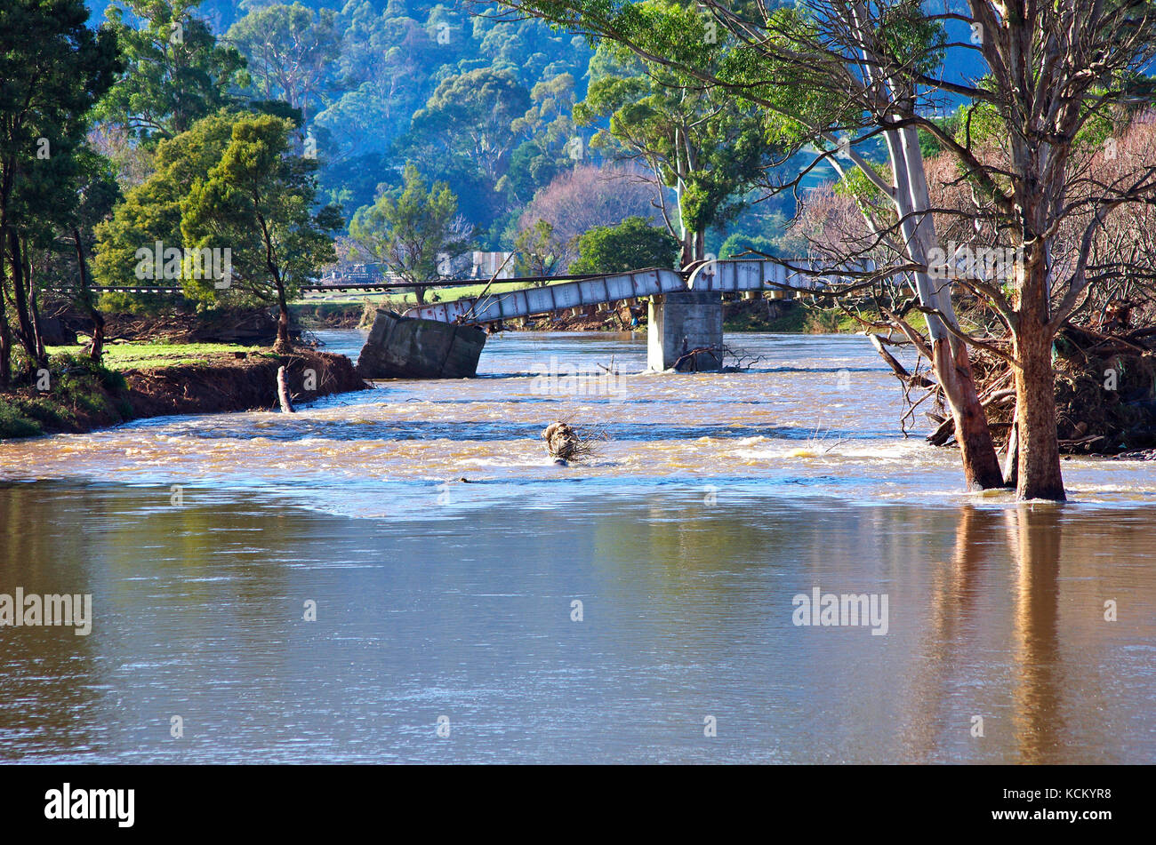 Collapsed railway bridge over the Mersey River at Kimberley after flood ...