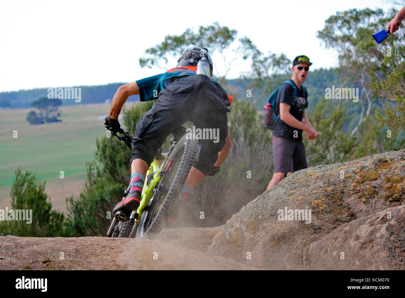 Competitor in Round 2 of the Enduro World Series mountain bike race on a Blue Derby track ...