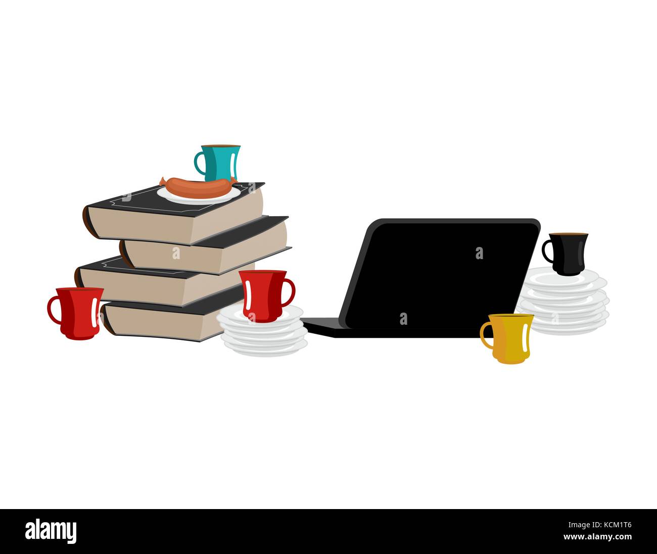 mess in workplace. Computer freelancer. Dirty dishes and laptop. Vector ...