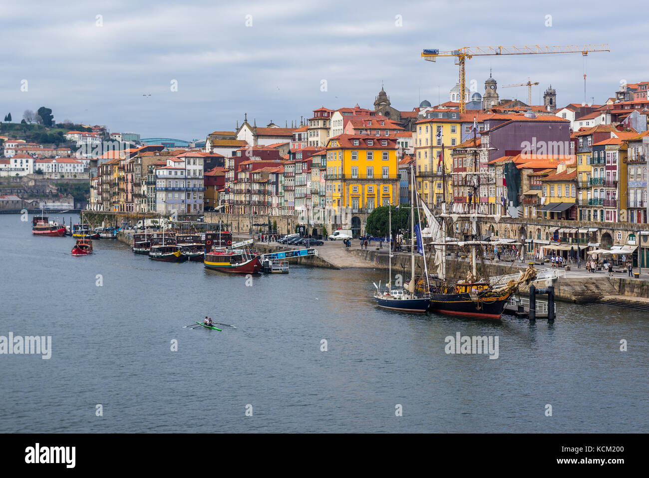 Aerial view of riverfront of Ribeira District and Douro River in Porto ...