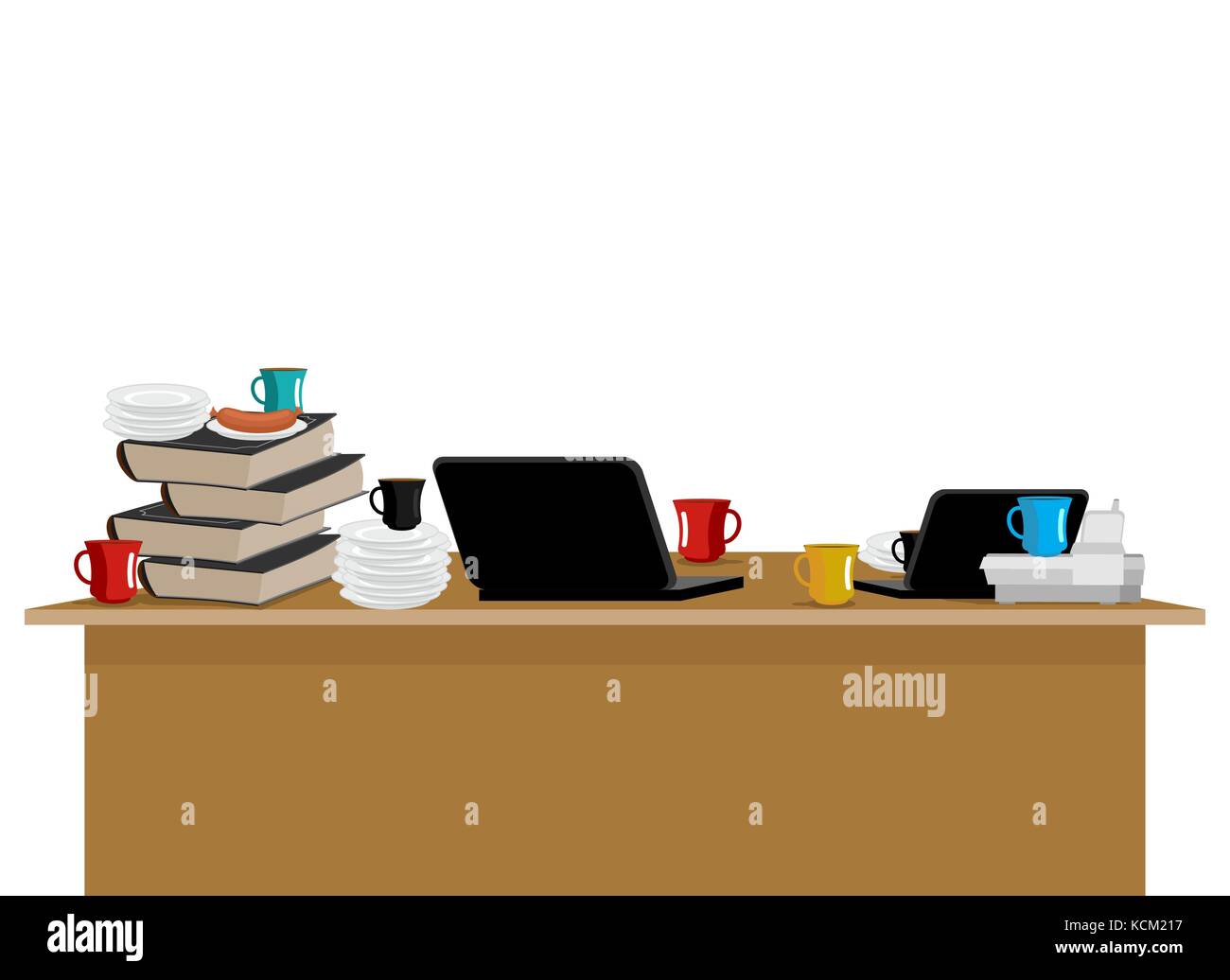 mess in workplace. Computer freelancer. Dirty dishes and laptop. Vector ...