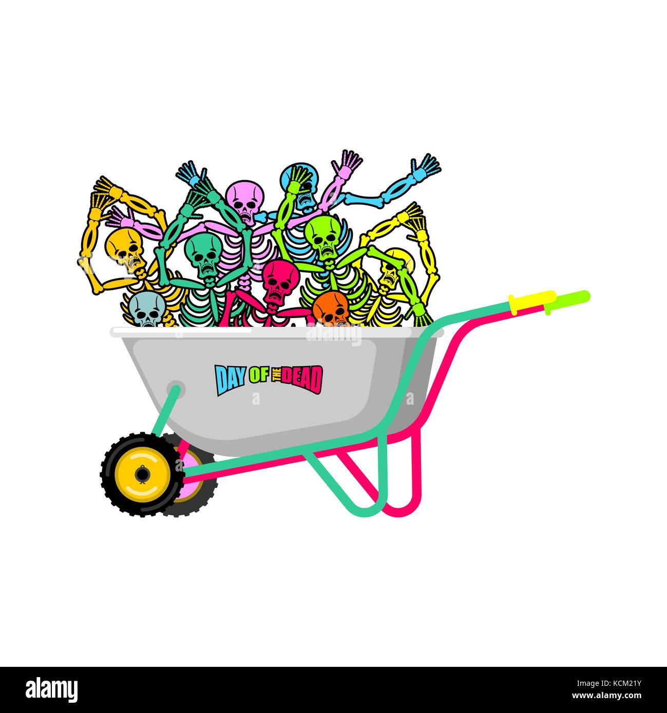 Day of the Dead Wheelbarrow and skeleton. Skull in garden trolley ...