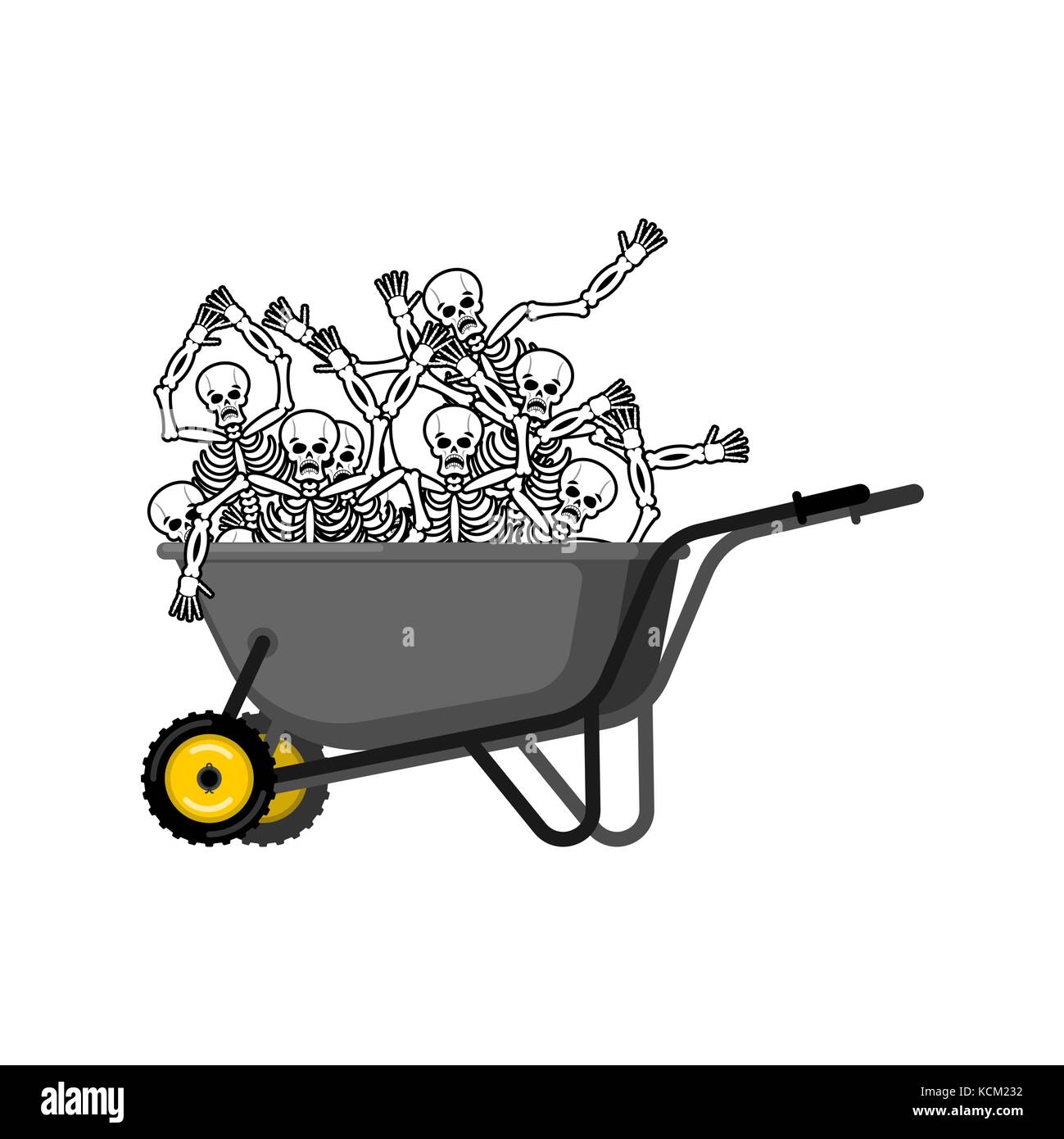 Wheelbarrow and sinners. skeleton in garden trolley. Vector ...