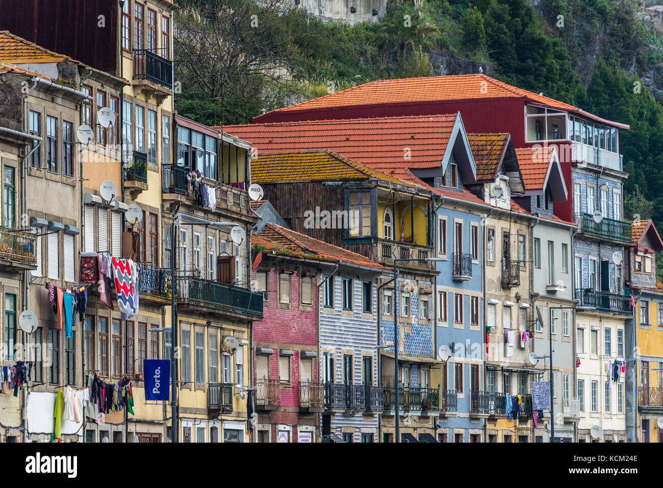 Close up on houses on a riverfront of Douro River in Porto city on ...