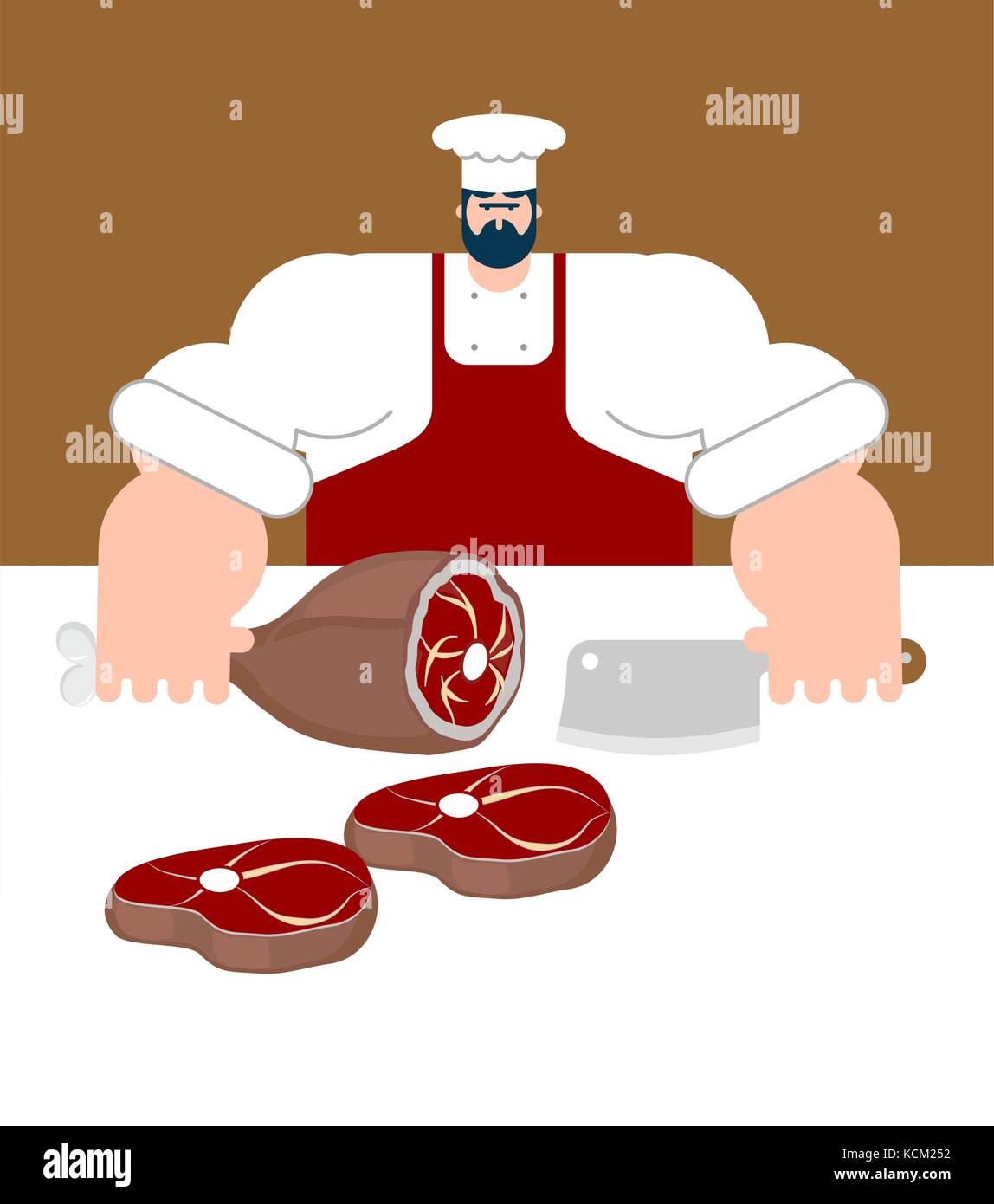 Butcher. Chef and knife for meat. Steak House cook. Vector illustration ...