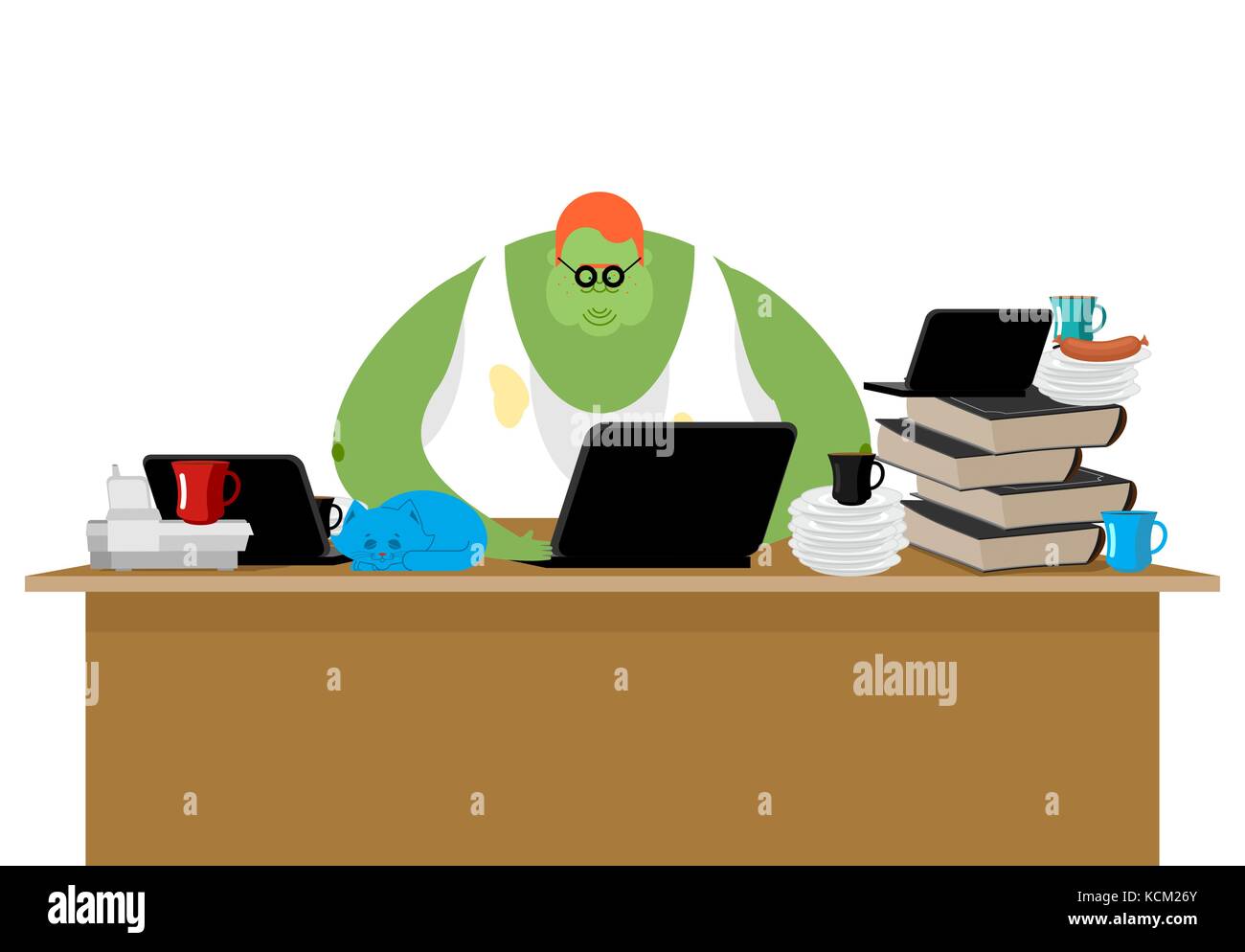 Internet trol. Big green monster and laptop. Vector illustration Stock ...