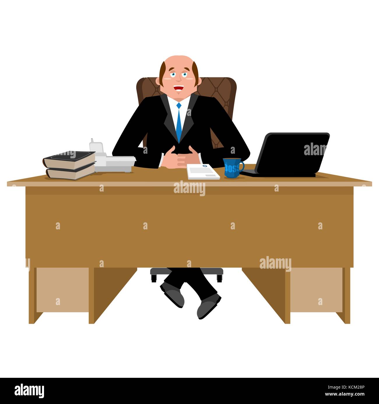 Cheerful boss at work. Happy Businessman at desk. Vector illustration ...