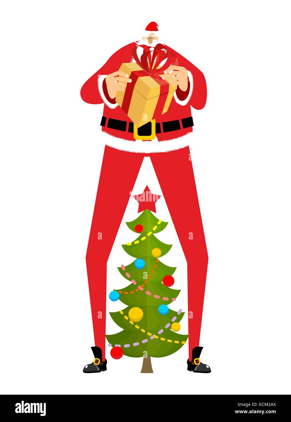 Santa Claus and Christmas tree. high Santa and spruce between his legs ...