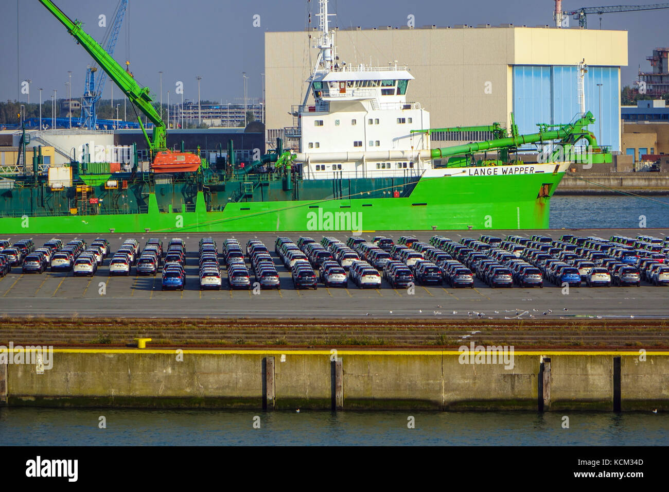 Lange Wapper dredger ship and many cars on harbour Zeebrugge Docks ...