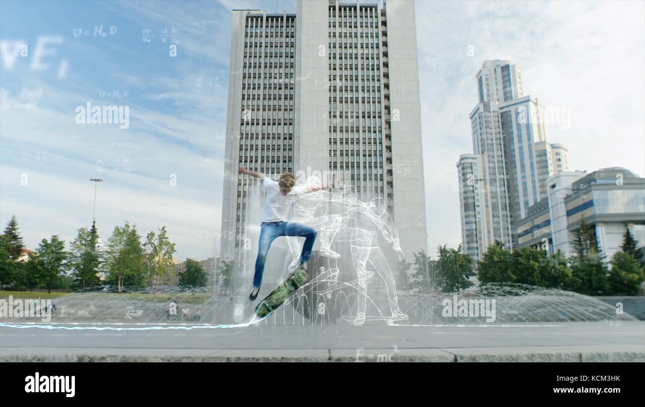 Skateboarder doing trick in mid air, grunge background with animation ...