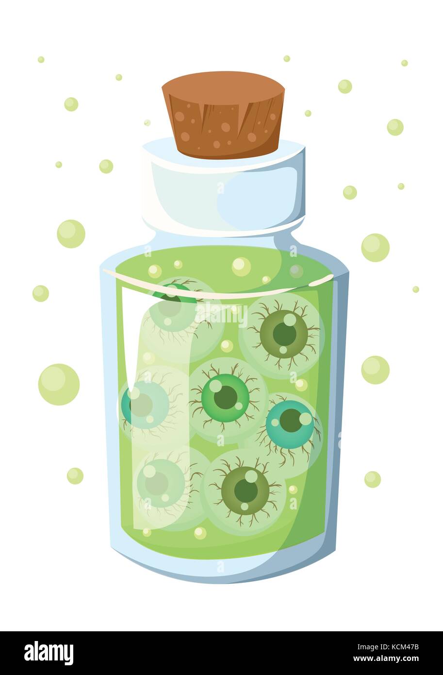 Glass bottle with cork stopper with a green liquid. The potion in a ...