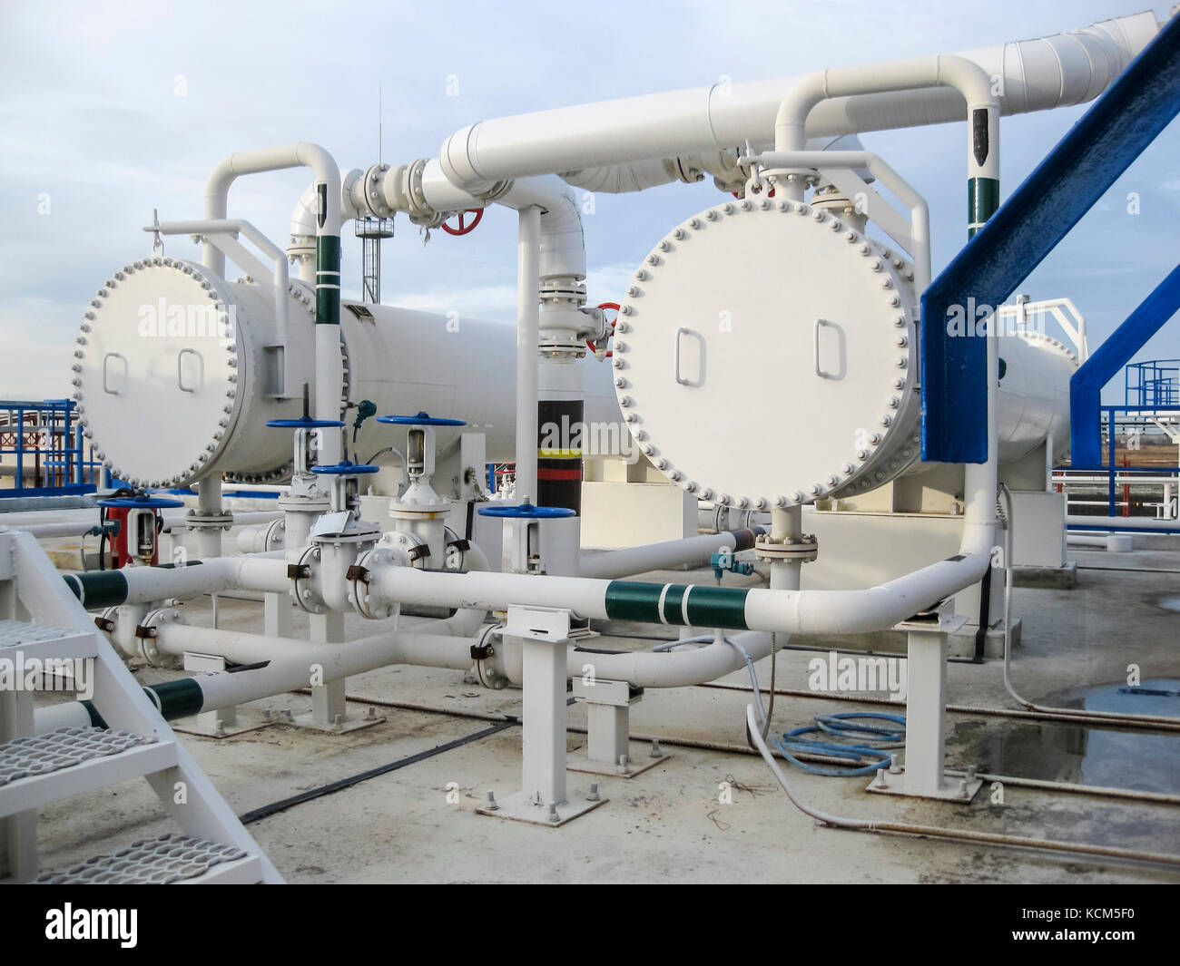 Heat exchangers in a refinery. The equipment for oil refining Stock ...