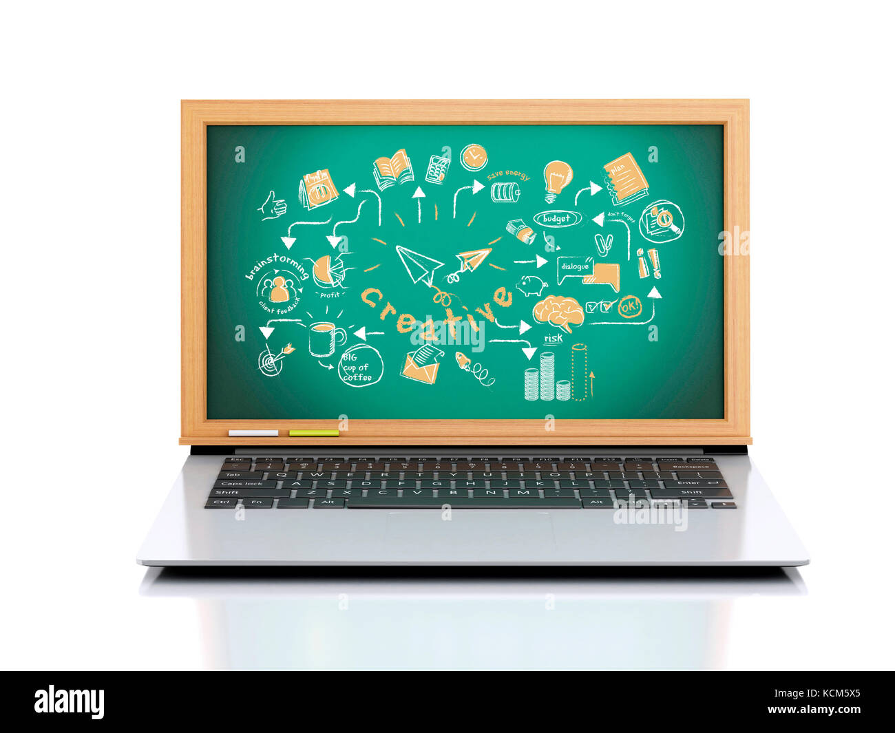 3d illustration. Laptop with creative sketch on chalkboard. Creative ...