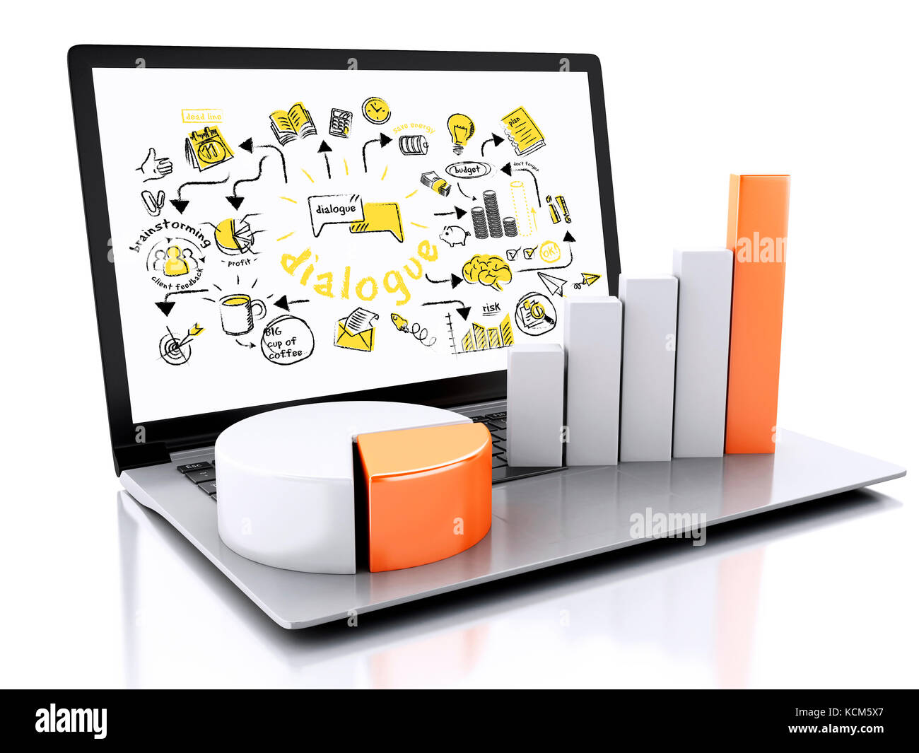 3d illustration render. Laptop with charts and graph. Business success ...