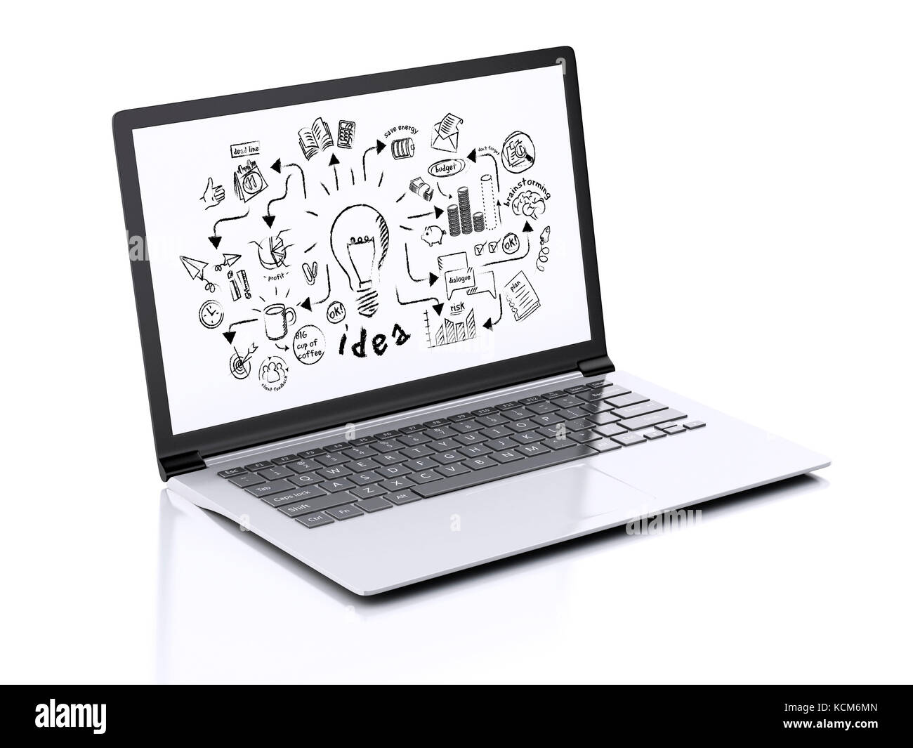 3d illustration. Laptop with business skecth on screen. Srategy and ...