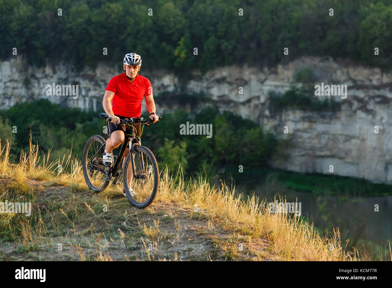 mountain bike sport athlete man riding outdoor. Traveler rides bike at ...