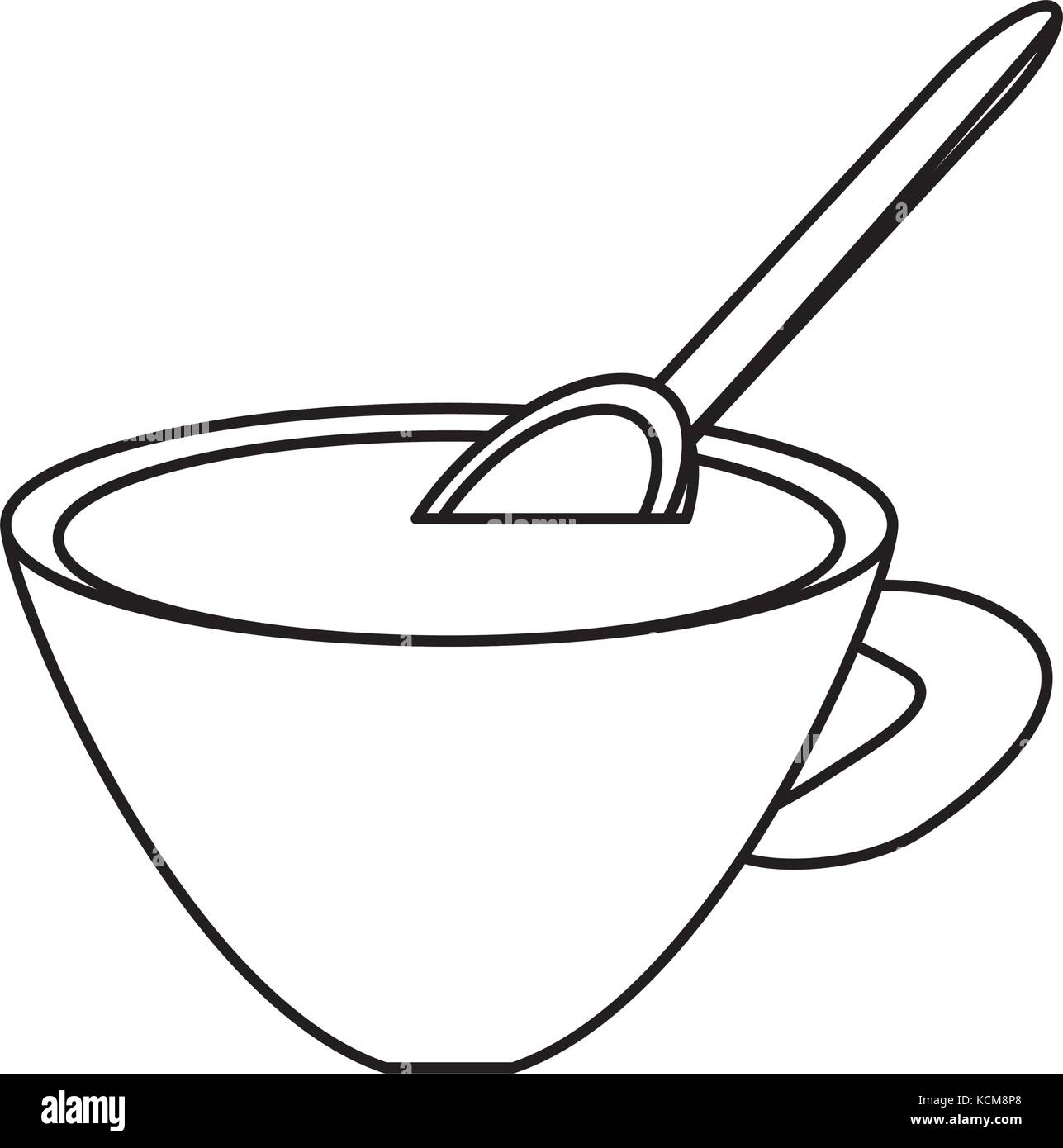 flat line uncolored cup and spoon over white background vector ...