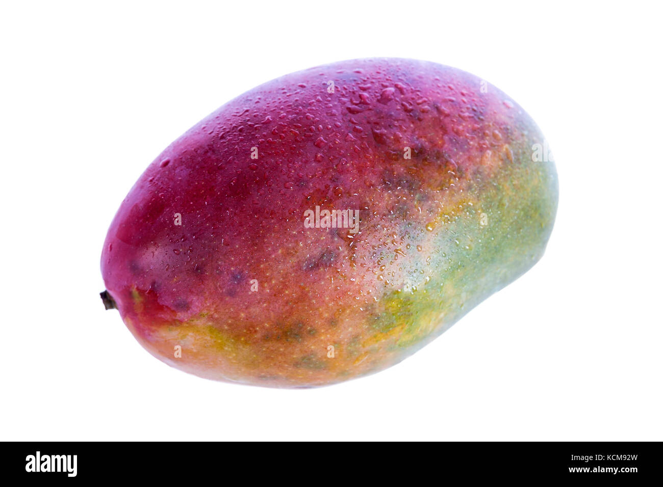 Whole Ripe Green Red Mango isolated on white background with drop of ...