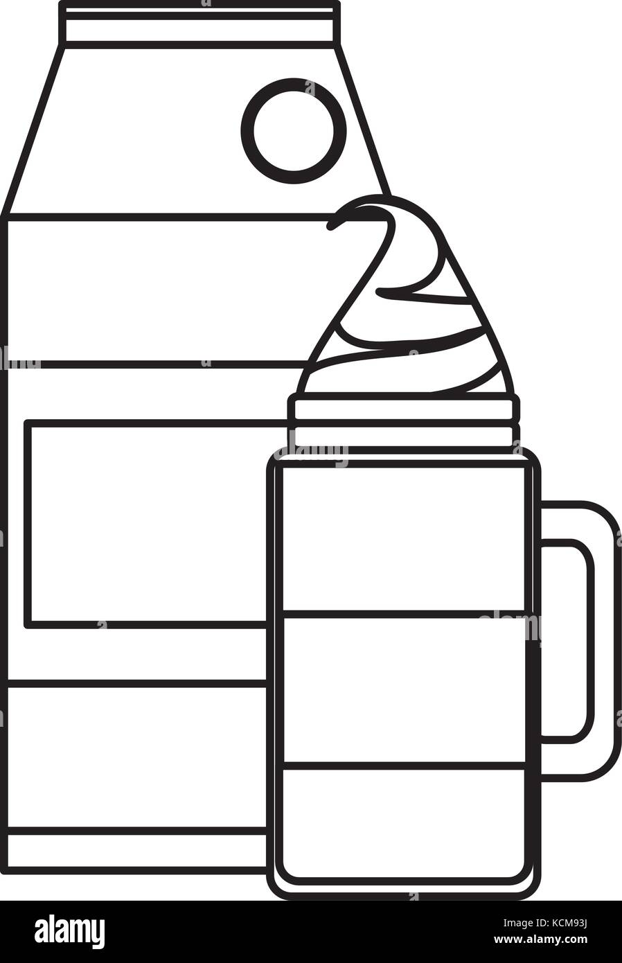 flat line uncolored iced coffee and milk carton over white background ...