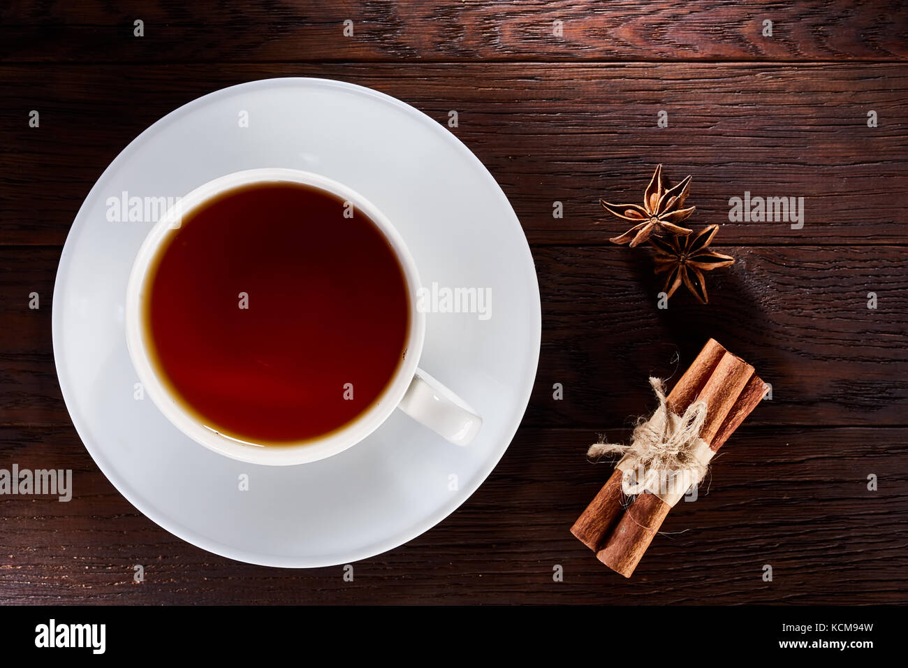 Hot earl grey tea with lemon slice top view on wood table background ...