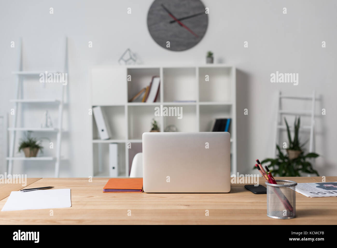 empty workplace with laptop Stock Photo - Alamy