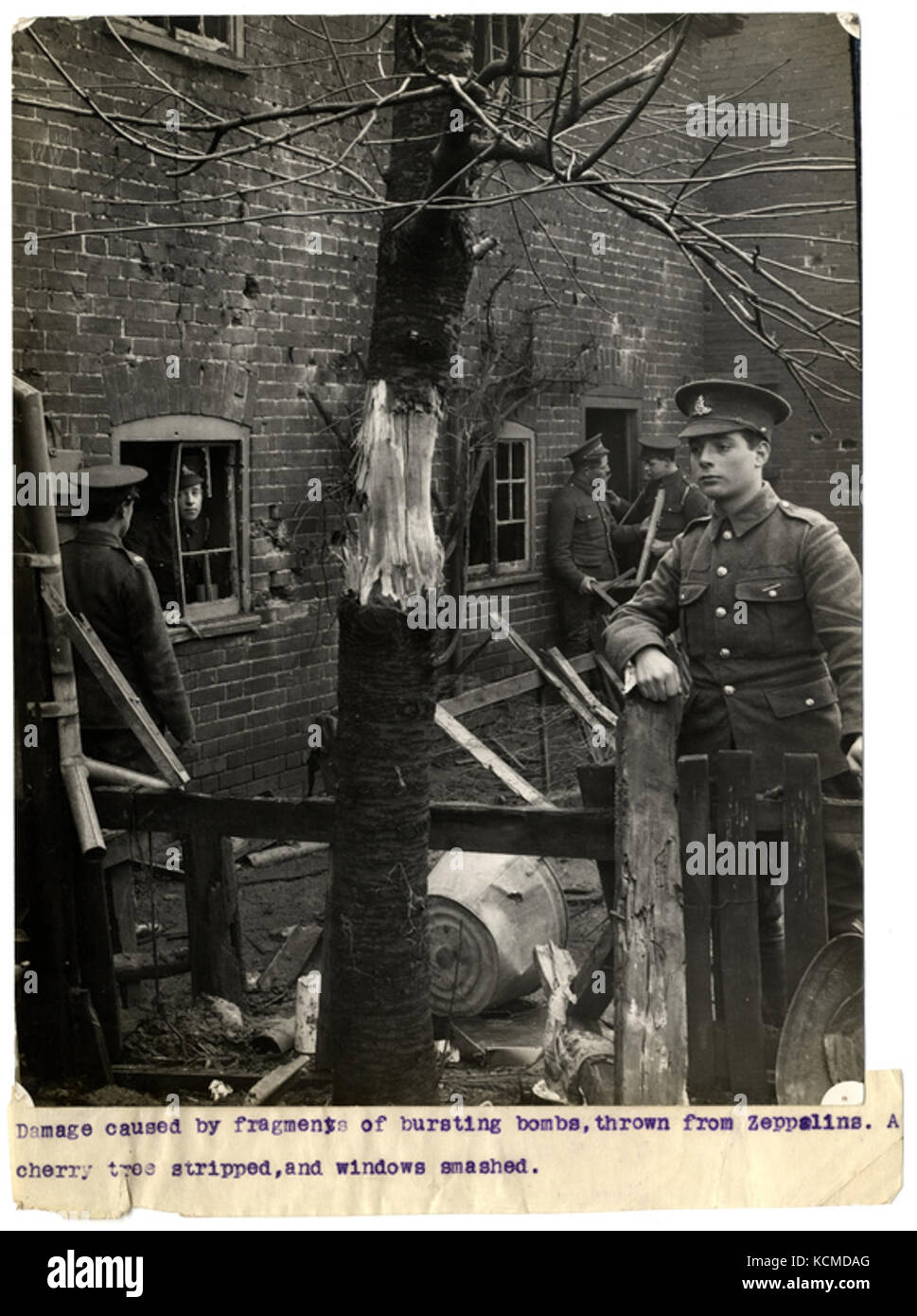 The image depicts the damage caused by bomb fragments from zeppelins ...