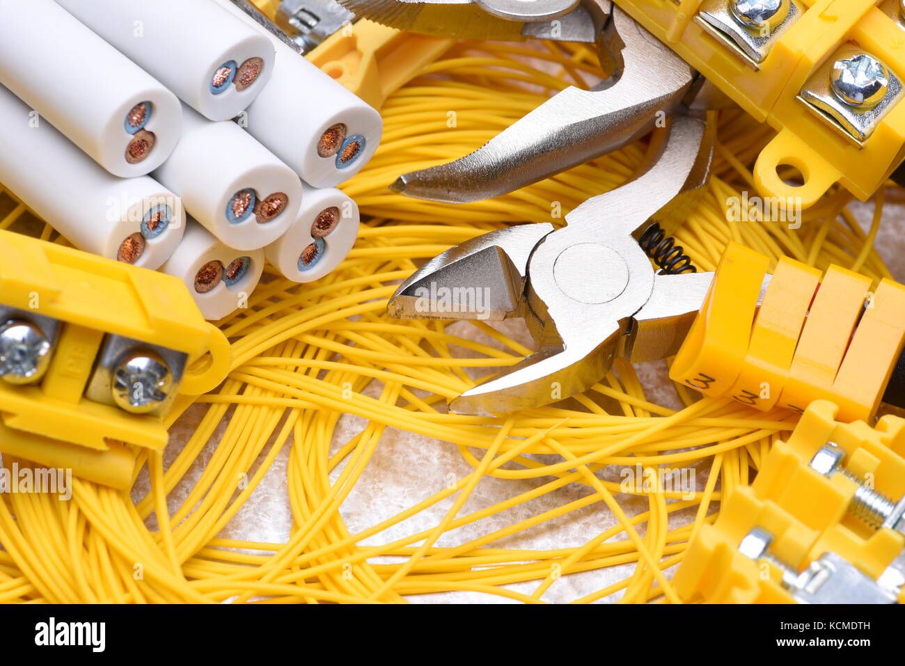 Tools and cables used in electrical home installation, closeup Stock ...
