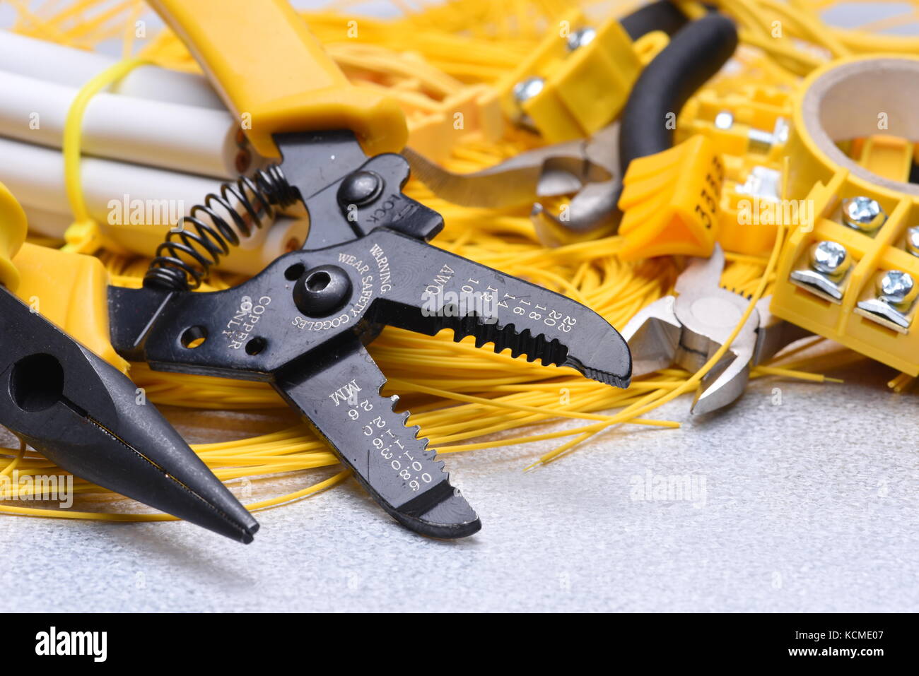 Tools and cables used in electrical home installation, closeup Stock ...