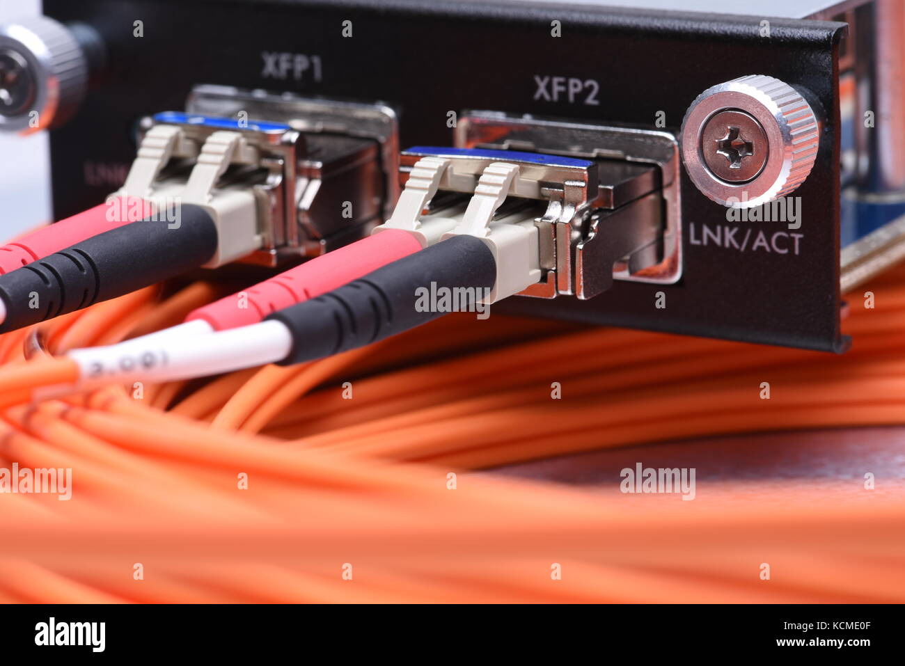 Network optical fiber cables connected to gigabit interface converter ...