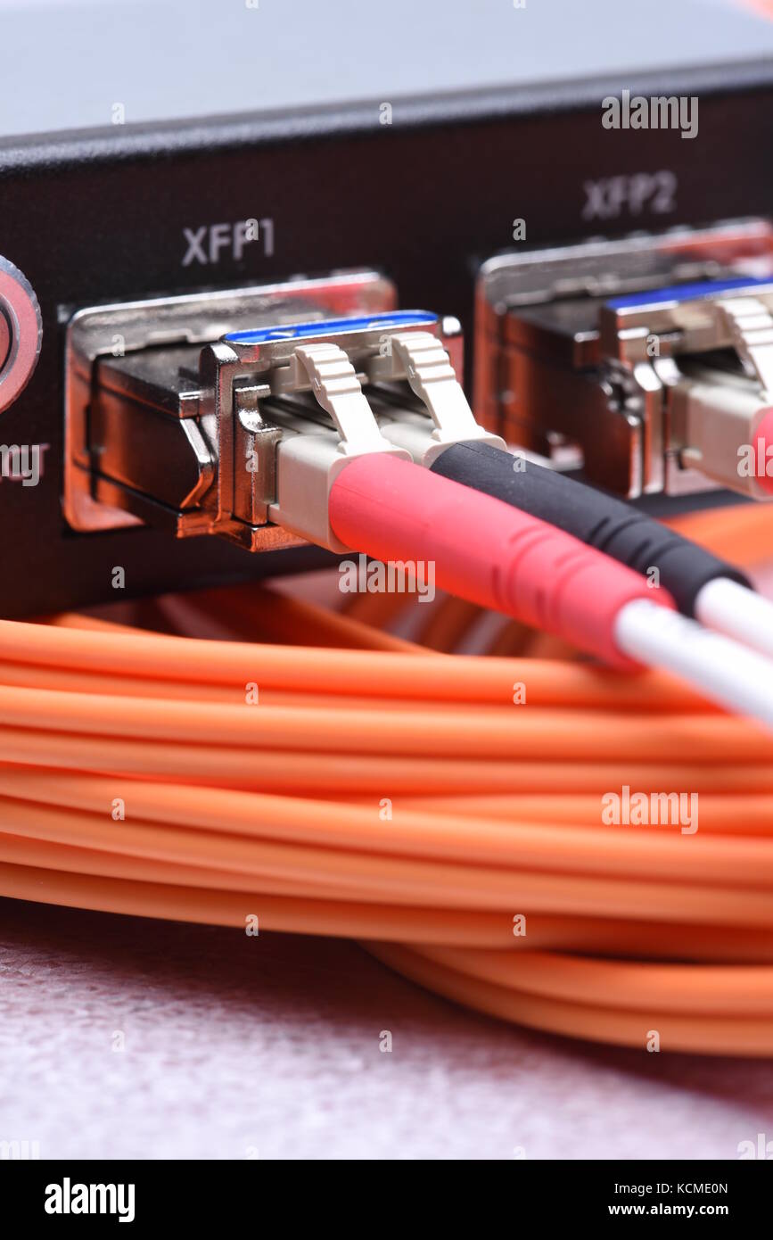 Network optical fiber cables connected to gigabit interface converter ...