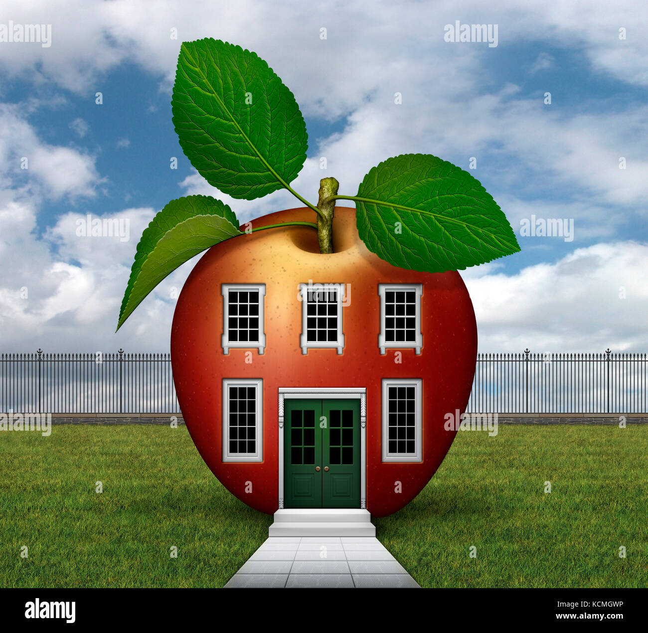 3D illustration of red apple shaped house with windows, doors, lawn ...