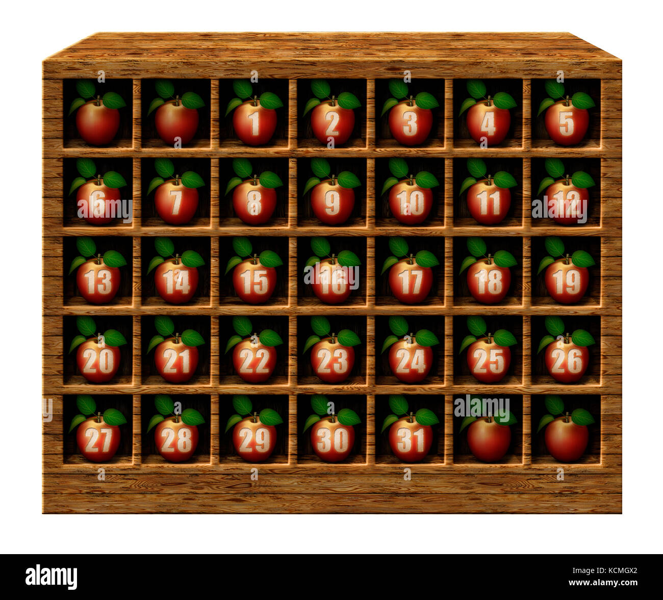3D illustration of calendar numbered apples displayed in wooden ...