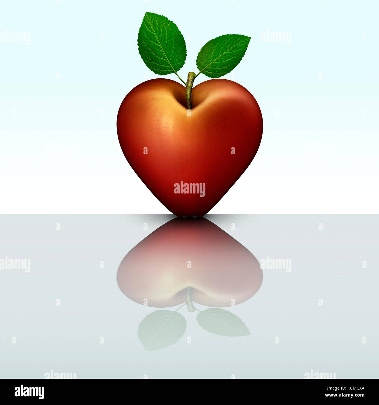 3D illustration of a red heart shaped apple mirrored on a reflective ...