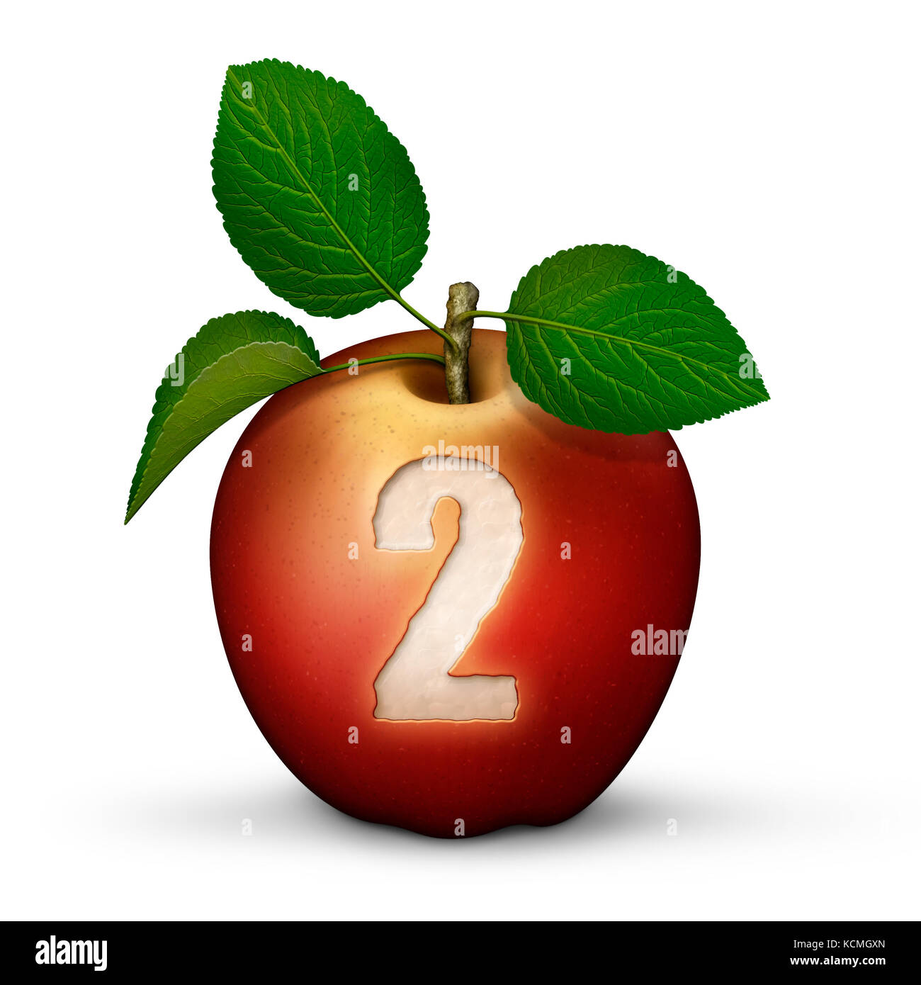 3D illustration of an apple with the number 2 bitten out of it Stock ...
