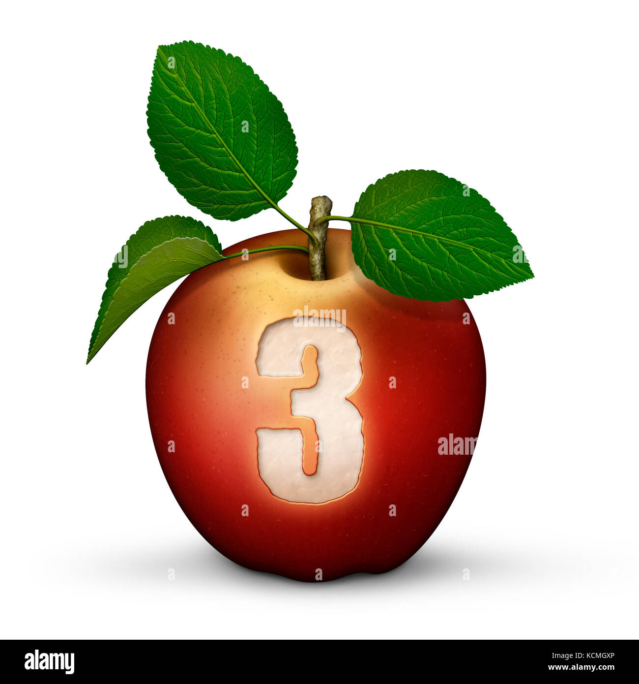 3D illustration of an apple with the number 3 bitten out of it Stock ...