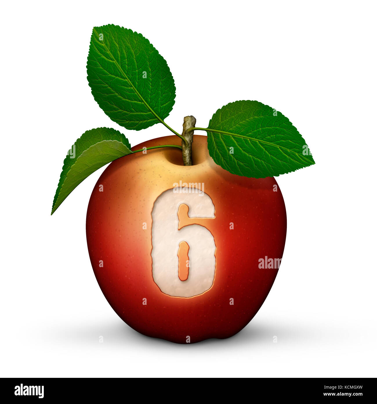 3D illustration of an apple with the number 6 bitten out of it Stock ...